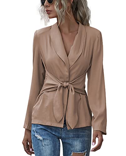 LYANER Women's V Neck Blazer Jacket Self Tie Knot Long Sleeve Elegant Workwear Blouse Khaki Small