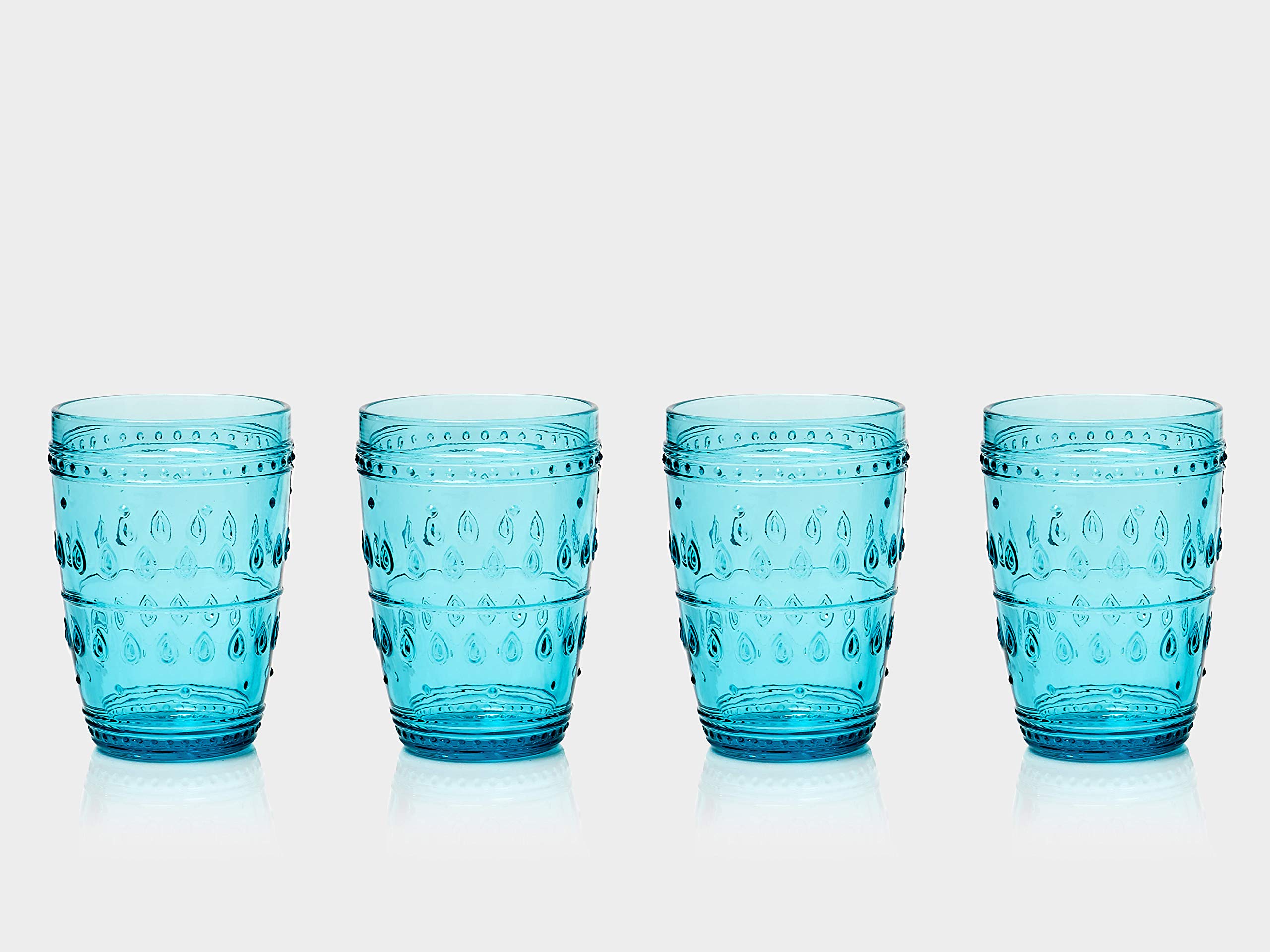 Euro Ceramica Fez Collection Drinkware and Glasses, 14oz Highball Set of 4, Teardrop Mandala Design, Turquoise