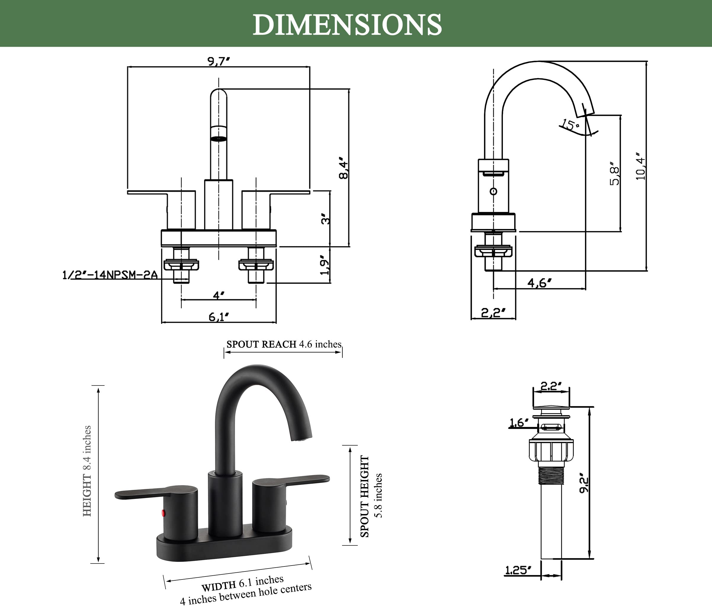 TimeArrow Matte Black Two Handle Centerset Bathroom Sink Faucet with Pop up Drain, High Arc Modern 4 Inch Bathroom Vanity Lavatory Faucet 3 Holes with Brass 360° Swivel Spout, TAF067E-MB