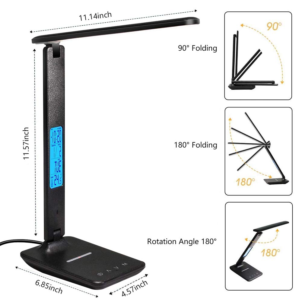 Desk Lamp LED Desk Lamp with Wireless Charger 10W Touch Control 3 Lighting Modes 5 Brightness Levels Adjustable Table Lamp Clock Alarm Date Temperature Function USB Charging Port with Adapter Black