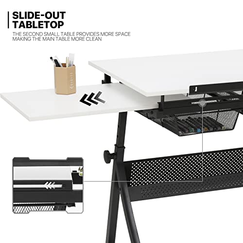 MoNiBloom Height-Adjustable Drafting Table, Tiltable Tabletop Drawing Table Adult Art Craft Work Station w/Stool for Reading Writing Painting, Homeschooling Desk for Children with 2 Storage Drawers