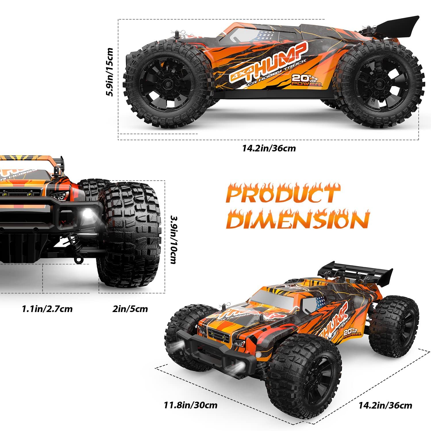 DEERC 200E 1:10 Large 3S Brushless High Speed RC Cars for Adults, 4X4 Fast RC Trucks W/Extra Shell LED Headlight, 60 KM/H, All Terrain Remote Control Car, Offroad Monster Truck for Boys,2 Battery