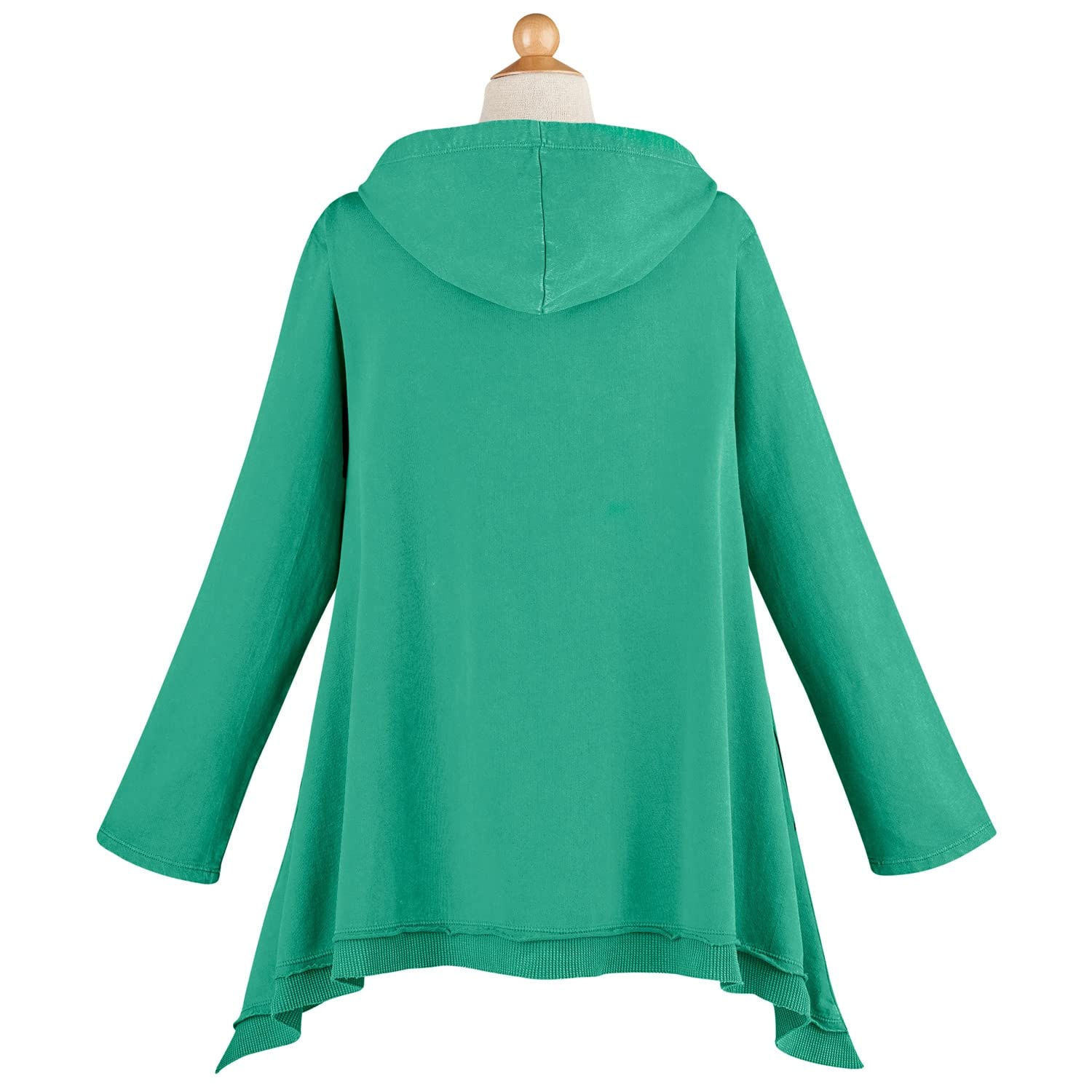 FLORIANA Womens Hooded Swing Jacket - Cotton Terry Zip Up Hoodie, Sharkbite Hem - Green, XL