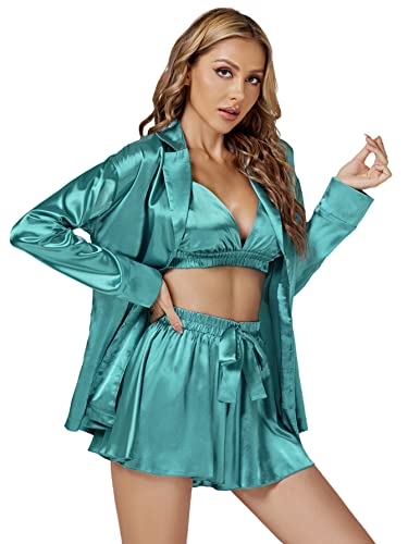 LYANER Women’s 3 Pieces Satin Cami Shorts Pajamas Rope Set Crop Sleepwear Lingerie Loungewear Set Turquoise Medium