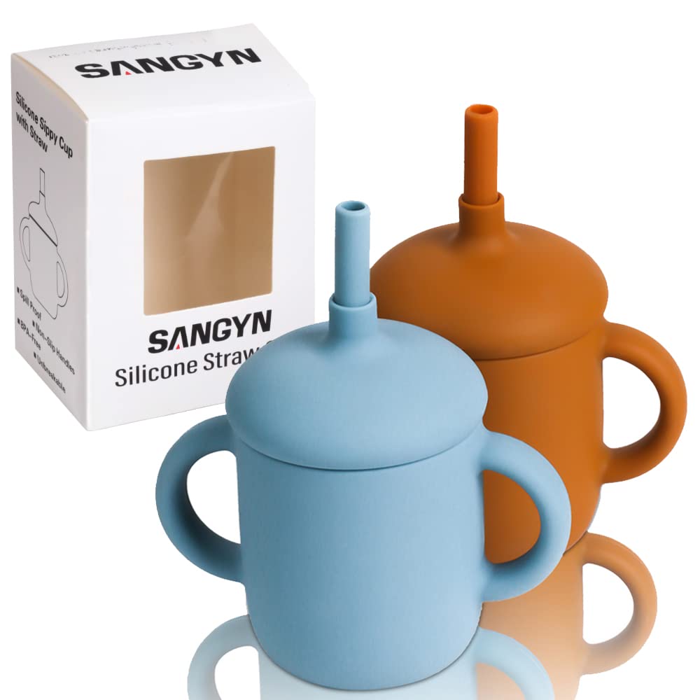 Sangyn 2 Pack Toddler Training Cup with Straw,BPA-Free,5 Oz Silicone Sippy Cups, Unbreakable, Trainer Cup for Babies Toddlers and Infants(Sky Blue, Brown)