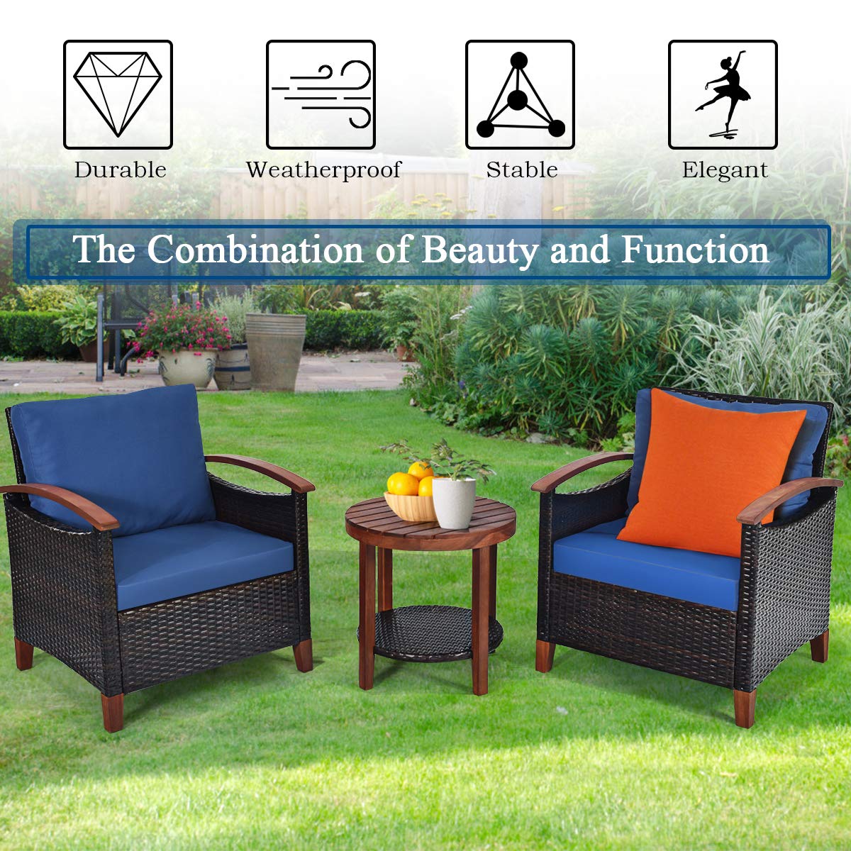 Tangkula 3 Pieces Patio Furniture Set, Outdoor Rattan Sofa and Side Table w/Solid Acacia Wood Frame, High Load Bearing Conversation Bistro Set w/Washable and Removable Cushions (Navy Blue)