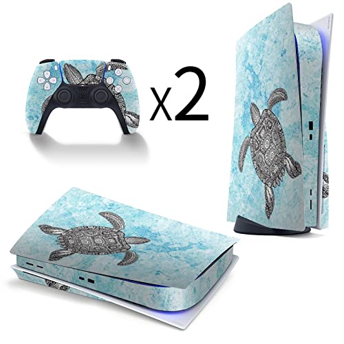 Hand Draw White Grey Turtle Full Protective Skin Cover Design Wrap Decal Sticker Compatible with PS5 Disk Version Console and Controller