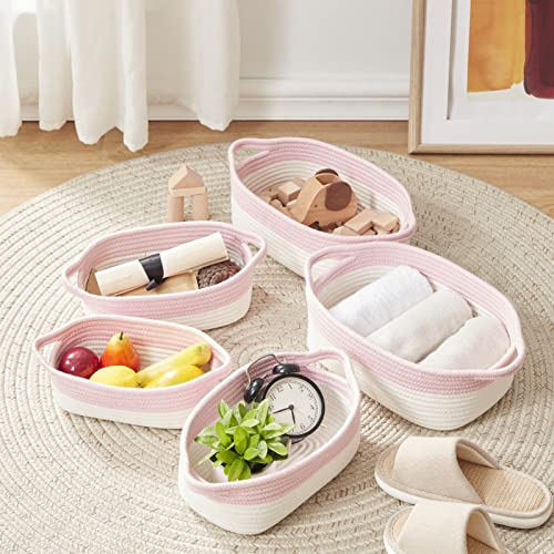 OIAHOMY Cotton Rope Storage Basket, Set of 5 Woven Baskets for Organizing with Handles, Decorative Basket for Baby Nursery, Dog Cat Toy Baskets - Pink & White