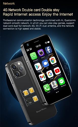 XS12 Pro Super Mini 4G LTE Smartphone 3.0-inch Display 4GB RAM 32GB/64GB ROM 8 Core Android 10.0 Dual SIM 2000mAh 13MP with Google Play Store Backup Small Mobile Phone (Blue, 2GB+16GB)
