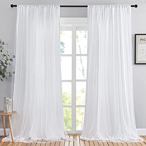 NICETOWN White Backdrop Curtains Overlapped with Tulle Backdrop Background Wall Drapes for Holiday Video Parties Weddings Baby Birthday Party Bridal, Space Divider (5' W x 8' L, 2 Pieces)
