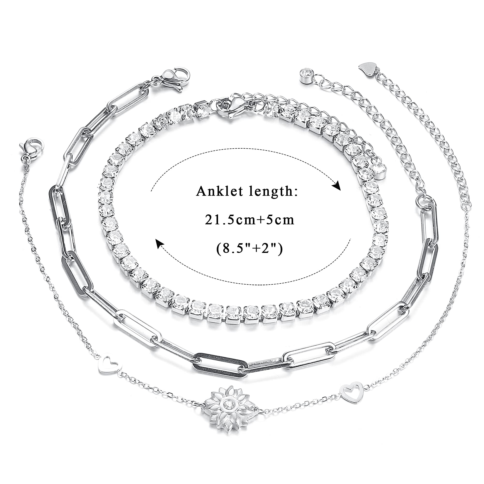 Florideco 3Pcs Stainless Steel Ankle Bracelets Set for Women Boho Beach Anklet Chain Adjustable Dainty Layered Anklet Foot Jewelry