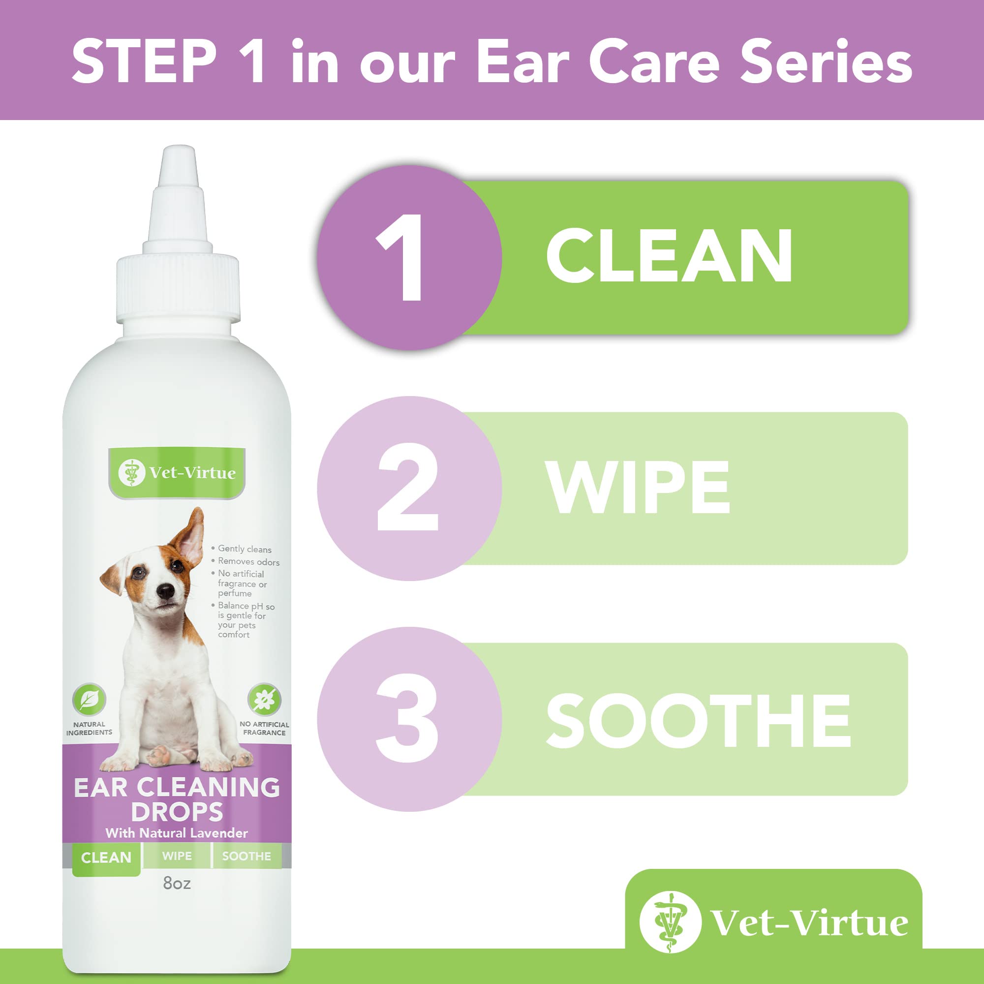 VET-VIRTUE Dog Ear Cleaner Drops - 8oz Dog Cleaning Solution for Ear Cleaning and Grooming - Great for Flushing Out Build Up and Maintaining Hygiene