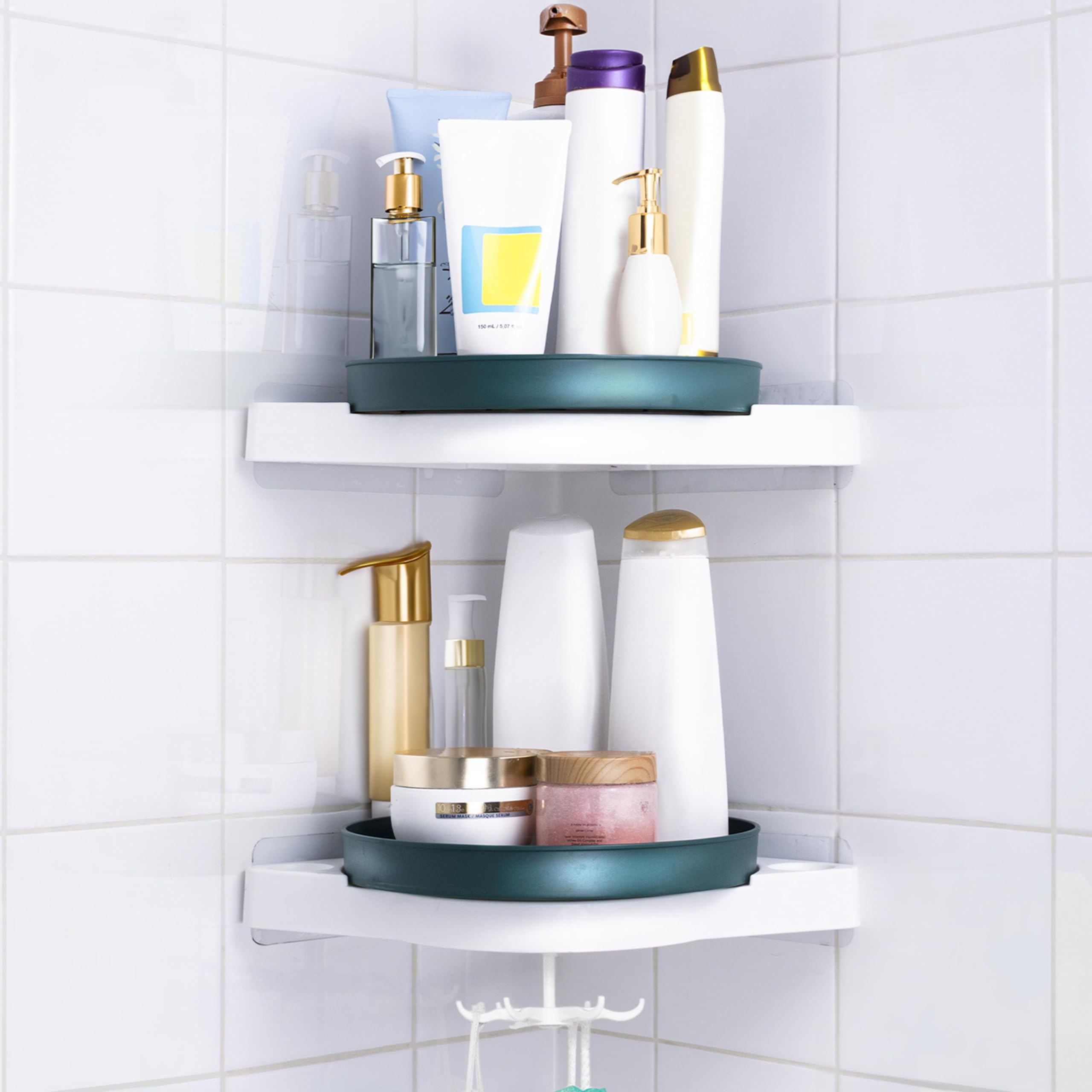 Lazy Susan Corner Shower Caddy with Hooks for Loofas, Scrubbers, Plastic 360 Rotating Shower Organizer Corner, No Drill Wall Caddy Corner Rotating Shelf for Bathroom, Kitchen, Dorm by LUXPHAN (2 Pack)
