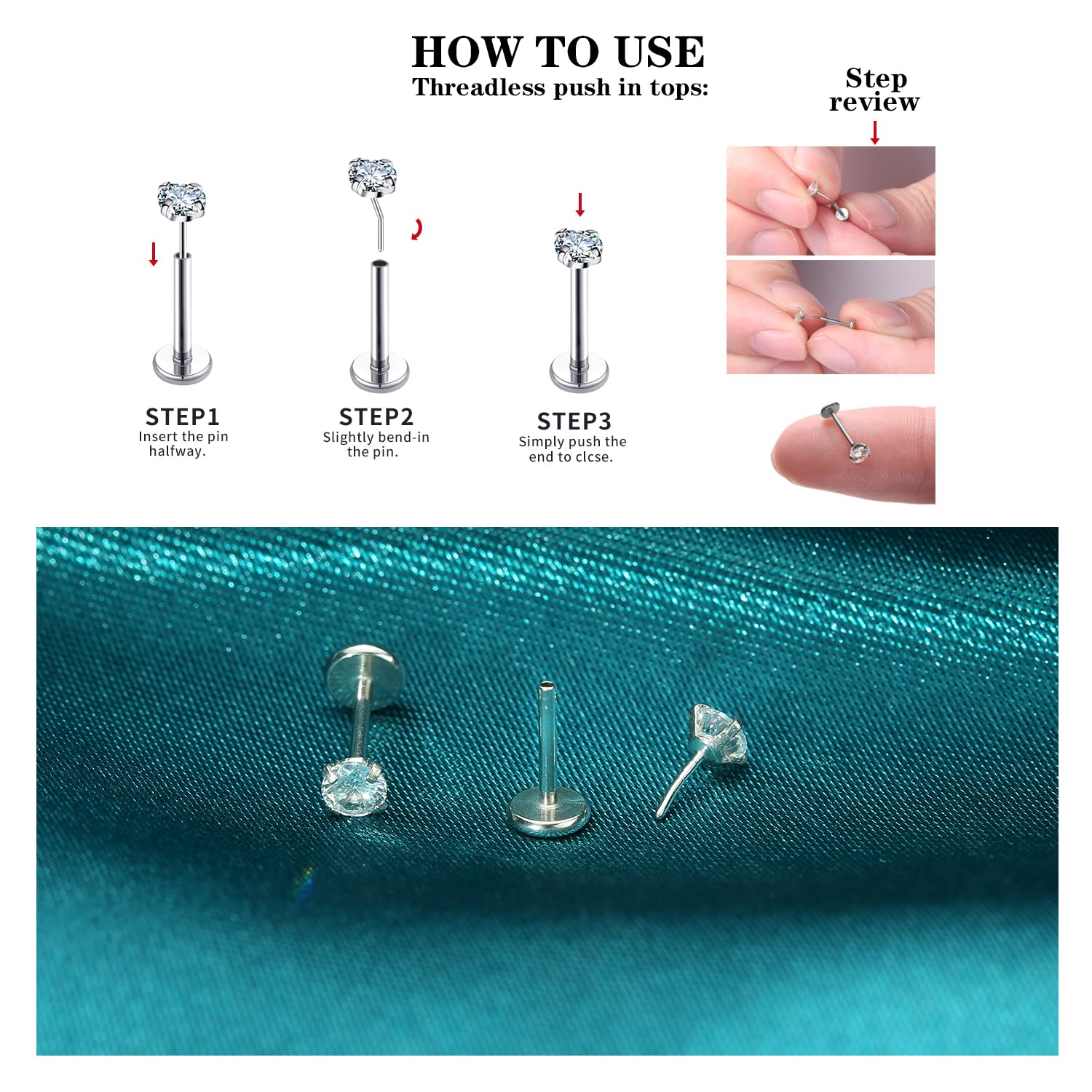 COTATI 20G Flat Back Earrings Stud Threadless Tragus Cartilage Lip Medusa Piercing Jewelry Hypoallergenic (Silver,20G 2/3/4mm CZ)