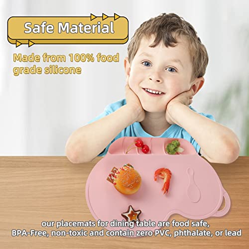 Silicone Placemats with Food Catching Pockets - 15 x 10” Home and Restaurant Table Mat - Non-Slip Suction Placemat for Toddlers (Pink)