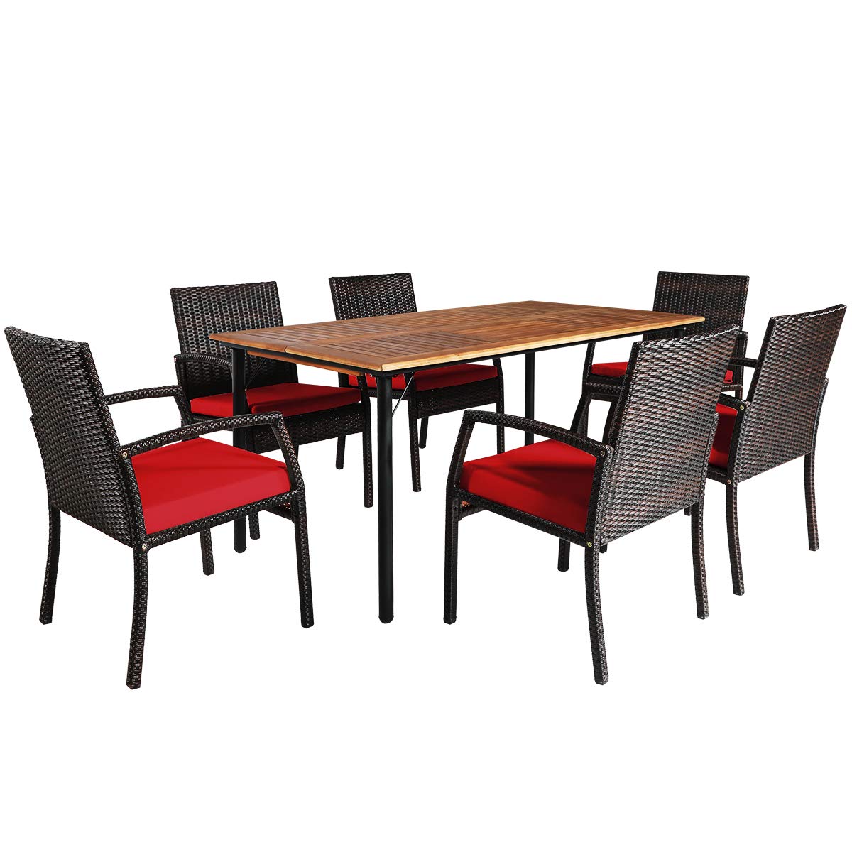 Tangkula 7 Pieces Patio Dining Set, Acacia Wood Wicker Dining Furniture Set with Sturdy Steel Frame & Umbrella Hole, Outdoor Dining Table Chair Set with Removable Cushions for Backyard, Garden