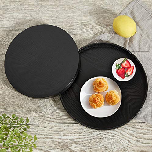 Rive Round Solid Wood Serving Tray, Non-Slip Tea Coffee Snack Plate Food Meals Serving Tray with Raised Edges for Home Kitchen Restaurant(13inch,Black)