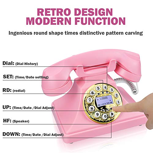 Pink Retro Landline Phone for Home, IRISVO Vintage Phone Old Fashioned Classic Desk Telephone with LCD Screen Display and Redial,Speaker, Push Button Dialing with A Rotary Look (Pink)