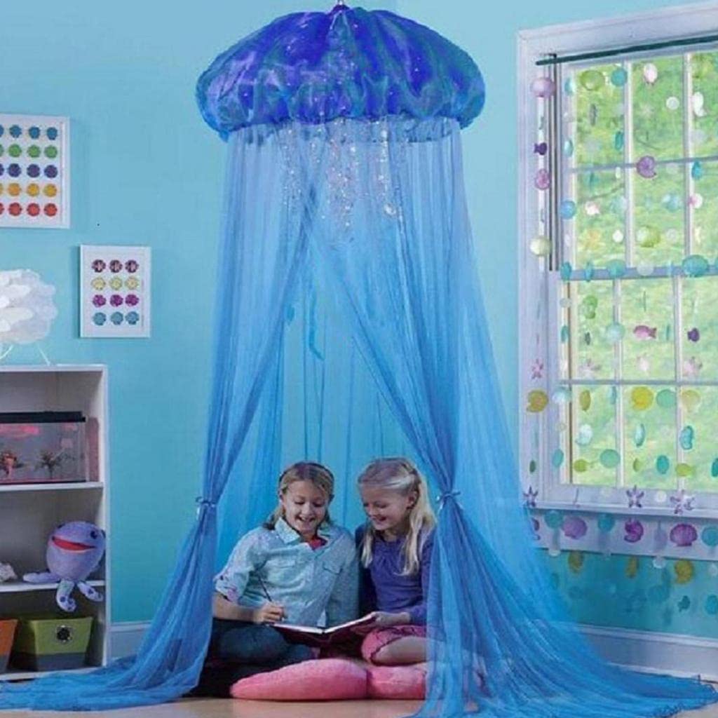 CUTICATE Kids Bed Canopy with Hanging Mosquito Net for Baby Crib Nook, Jellyfish Castle Game Tent Nursery Play, Summer Room Decor (Blue)