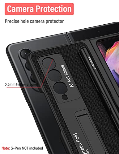 KumWum Phone Case for Samsung Galaxy Z Fold 3 5G Ultra-Thin Back Cover Protection Shockproof Bumper with S Pen Holder & Kickstand - Carbon Fiber