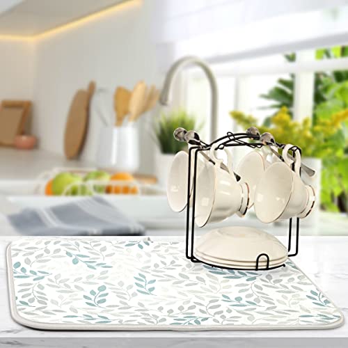 Grey and Blue Leaves branches Dish Drying Mat 16x18 for Kitchen Gray Leaves Botanical Spring Flowers Dishes Pad Dish Drainer Rack Mats Absorbent Fast Dry Kitchen Accessories