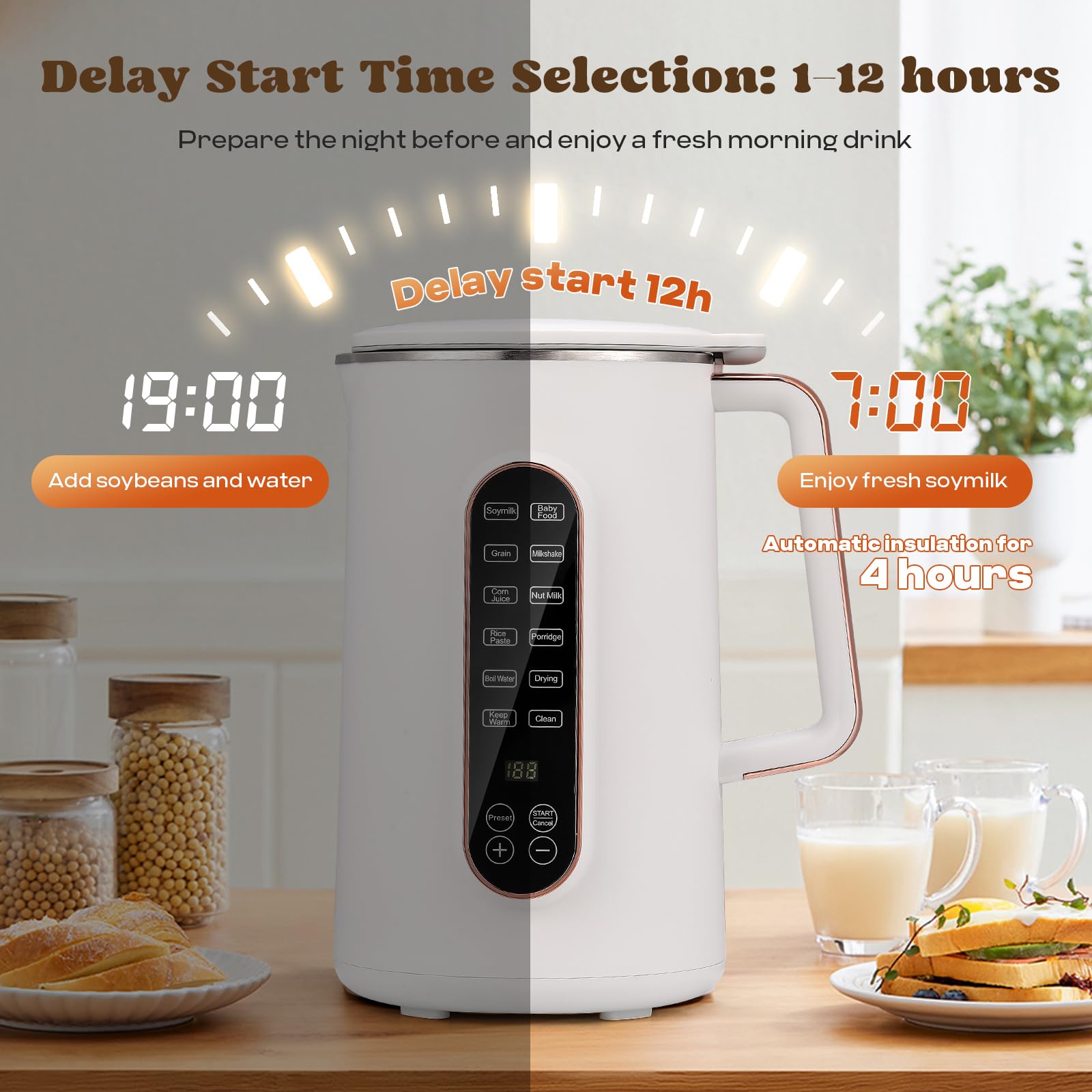 Moongiantgo 40oz Soy Milk Maker, 8-1 Automatic Almond Milk Maker Machine, Plant-Based Milk, Oat Milk, Dairy Free Beverages, 10 Blades Nut Milk Maker with 12h Delay Start/Keep Warm/Auto Clean (White)