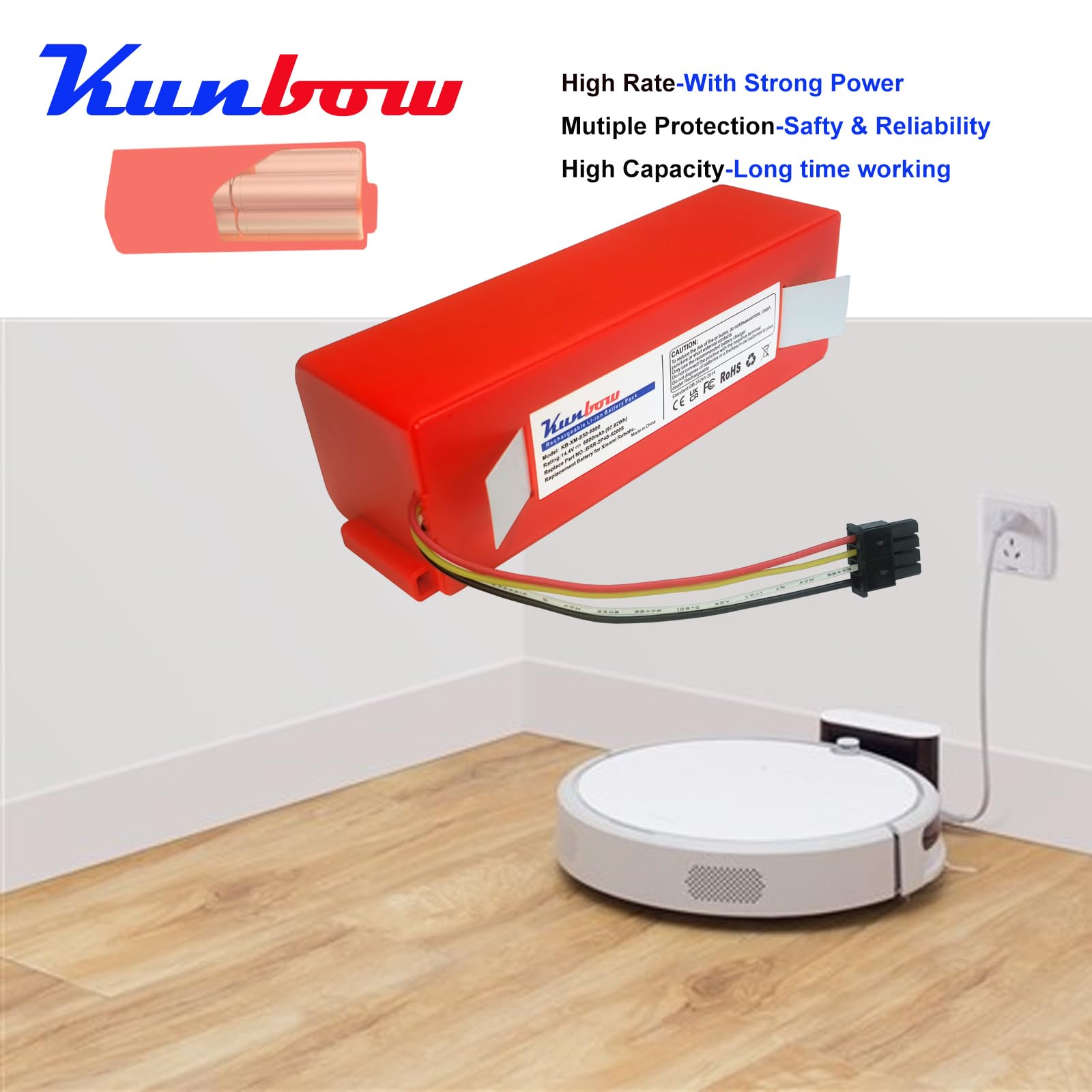 kunbow 6800mAh Li-ion Battery,Replacement Battery for Xiaomi Mi Robot,Mijia 1. and 2. Generation,Mijia Roborock S4,S5,S6,S7,Mijia Roborock S50,S51,S55,S60,E201 Vacuum Cleaner (14.4V/97.92Wh)