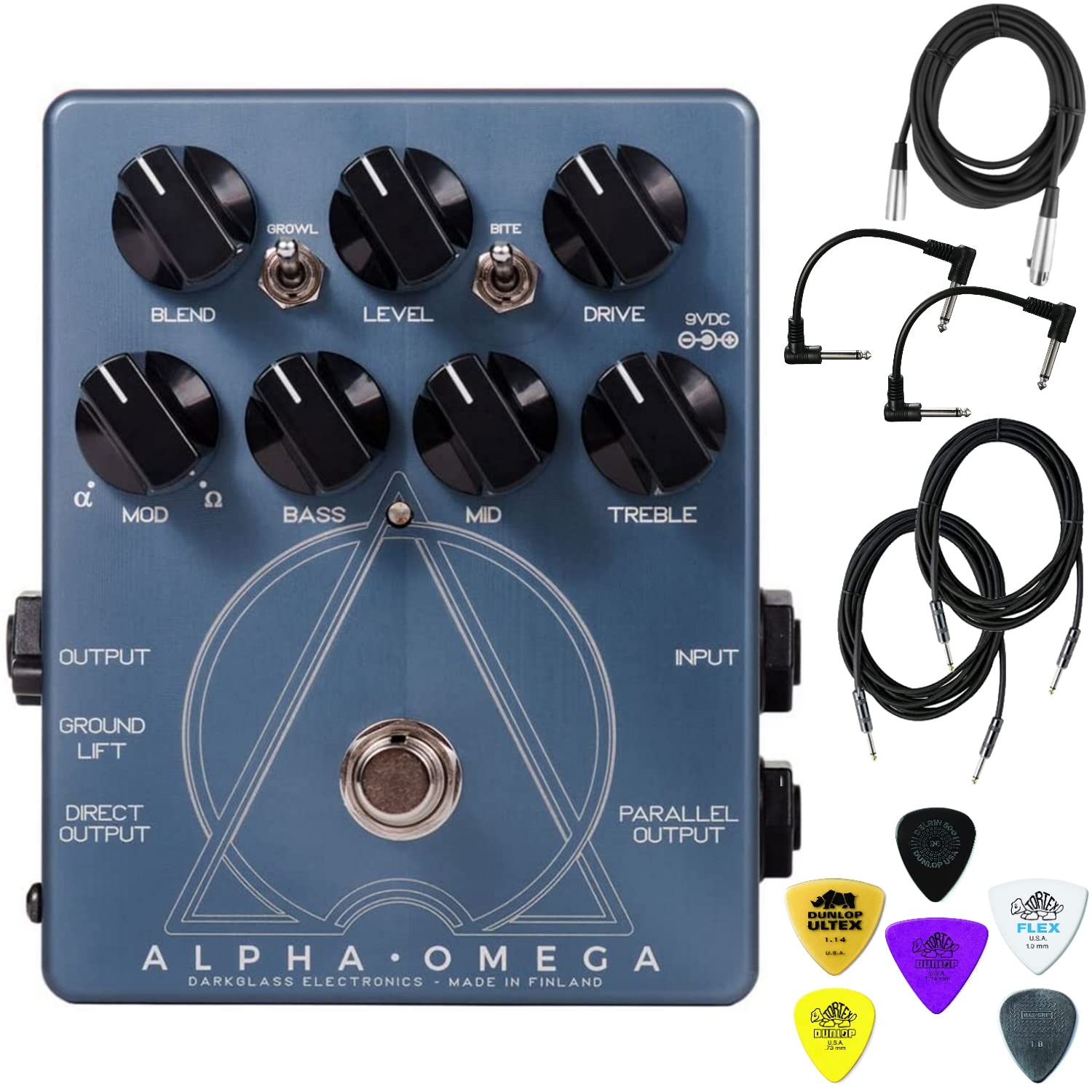 Darkglass Electronics Alpha Omega Bass Pre-Amp and Overdrive (AO) Bundle with XLR Cable, Instrument and Patch Cables, and Dunlop Bass Guitar Picks