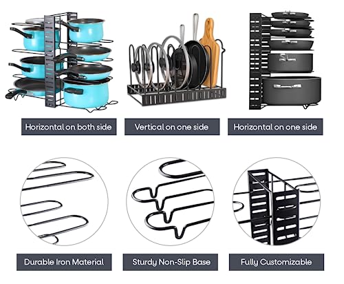 Stacking Pan Organizer - Cabinet Pot Organizer - Pot and Pan Organizer - Pot Rack Organizer - 8 Tier Pot Rack -Cookware Rack Organizer - Kitchen Pot Organizer - Expandable Cookware Rack Organizer
