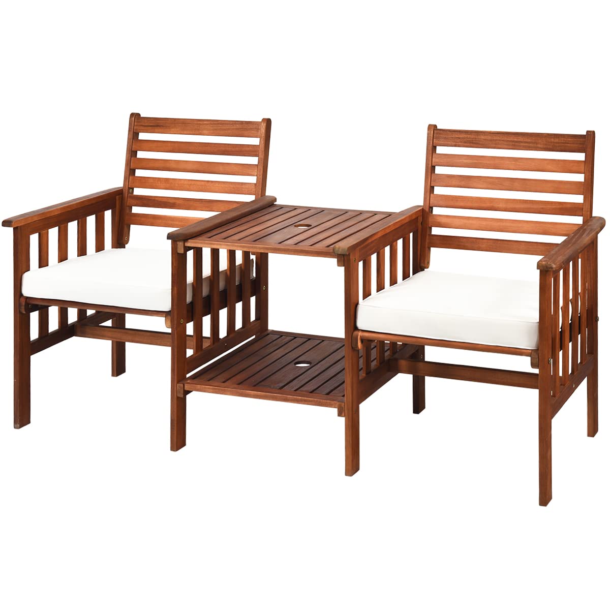 Tangkula Acacia Wood Loveseat, 3pcs Outdoor Table Chairs Set, Patio Conversation Set w/Coffee Table and Soft Cushions, 2.1-inch Umbrella Hole, 2-Seater Furniture Set (White)