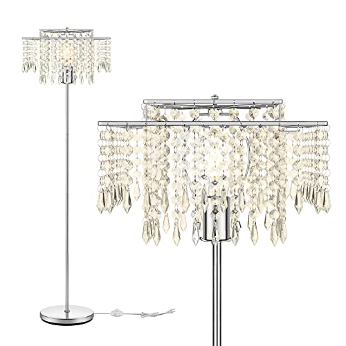 Mlambert Double-Layer Modern Lampshade Crystal Floor Lamp for Bedroom for Livingroom,Elegant Standing Lamp,61.57" Tall Pole Lamp,Suitable for Bedroom,Livingroom,6W LED Bulb Included,Silver