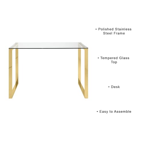 Uptown Club Modern Writing Gold Leaf Stainless Steel Legs and Tempered Glass Top, Computer Table for Home or Office, 47" D x 22" W x 30" H