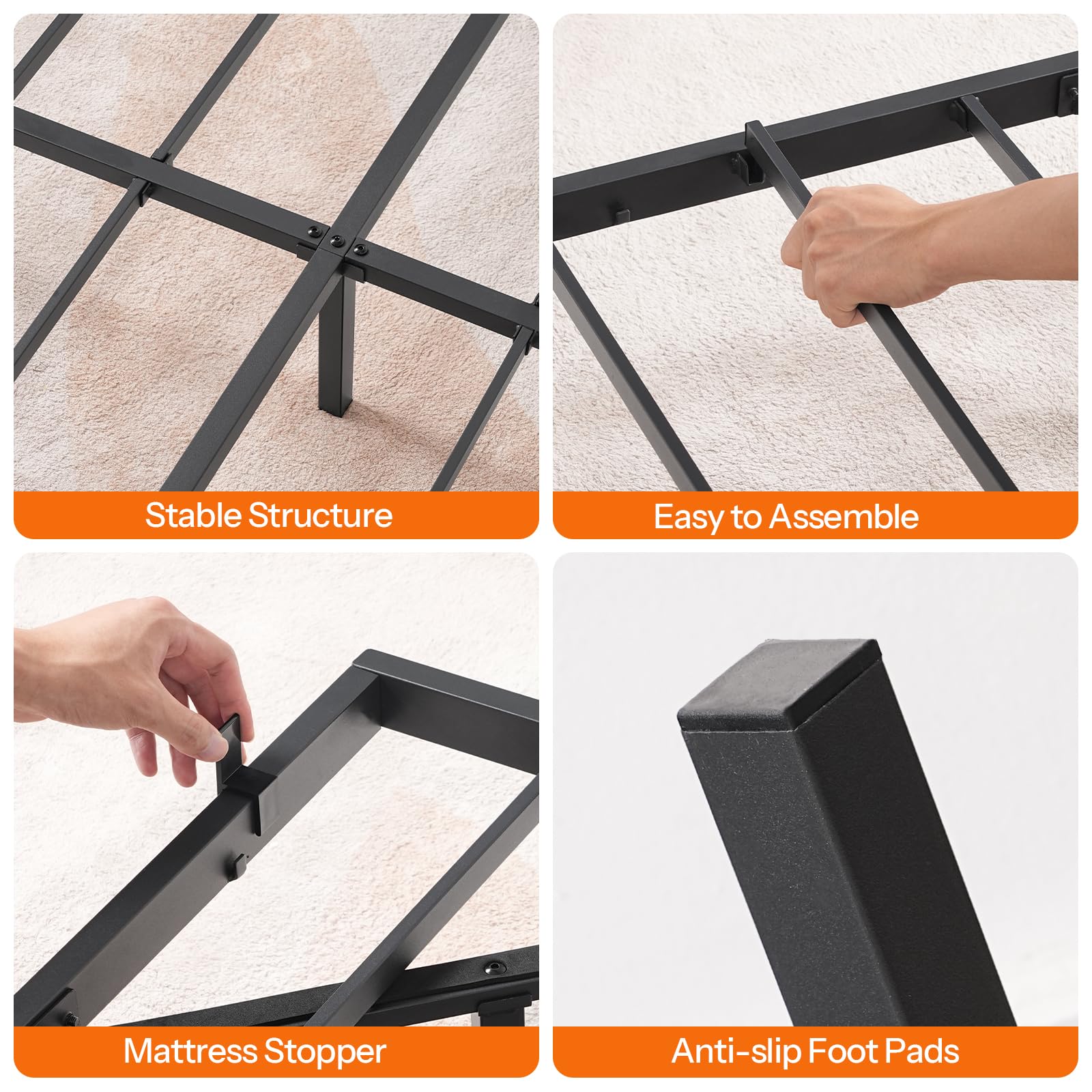 HOOBRO Floating Bed Frame King Size, Bed Frame with Charging Station and LED Lights, Industrial Style Metal Platform King Bed, Soundless, No Box Springs Needed, Black