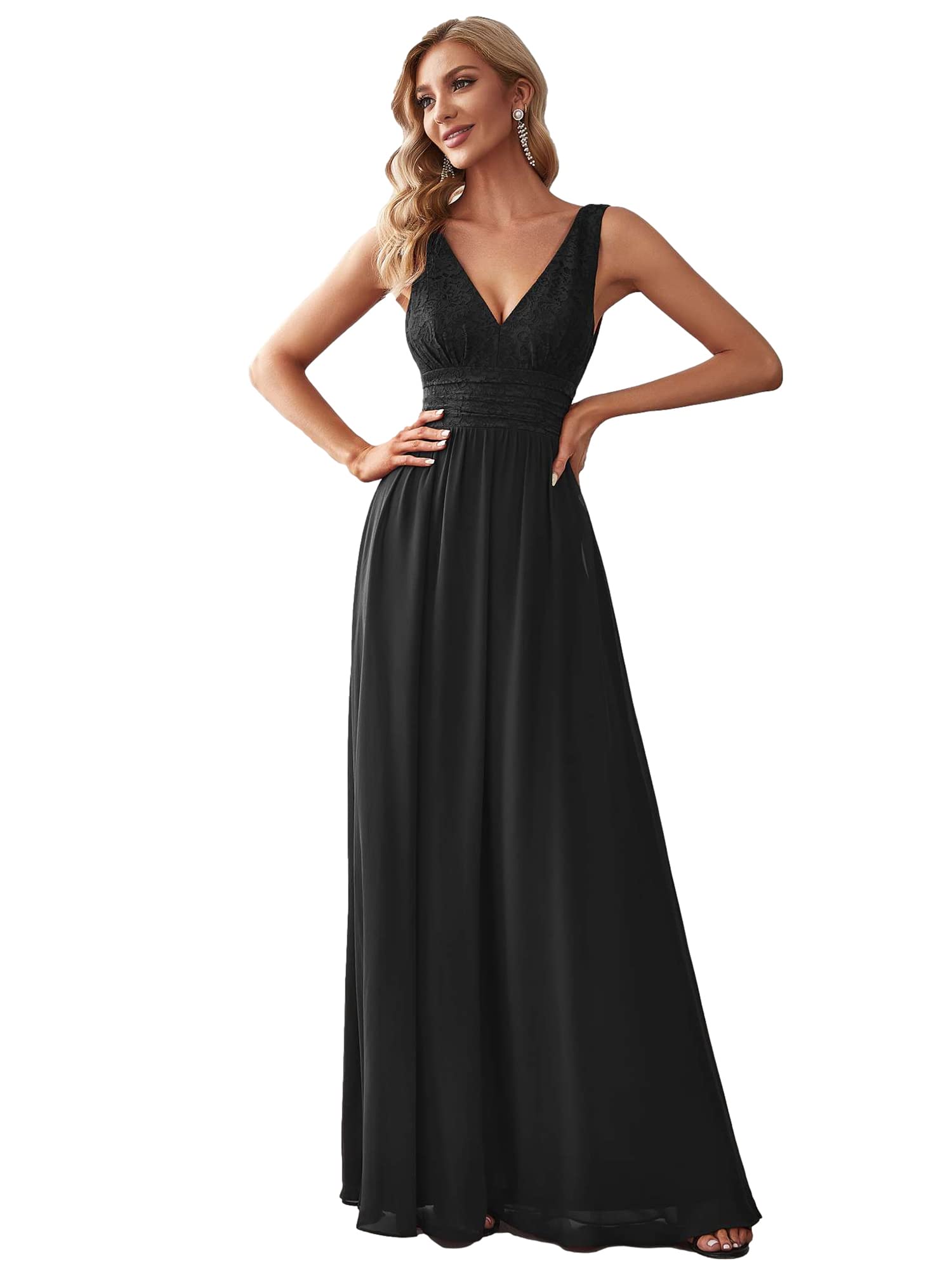 Ever-Pretty Double V-Neck Sleeveless Empire Waist Chiffon Formal Dresses for Evening Party Black US16