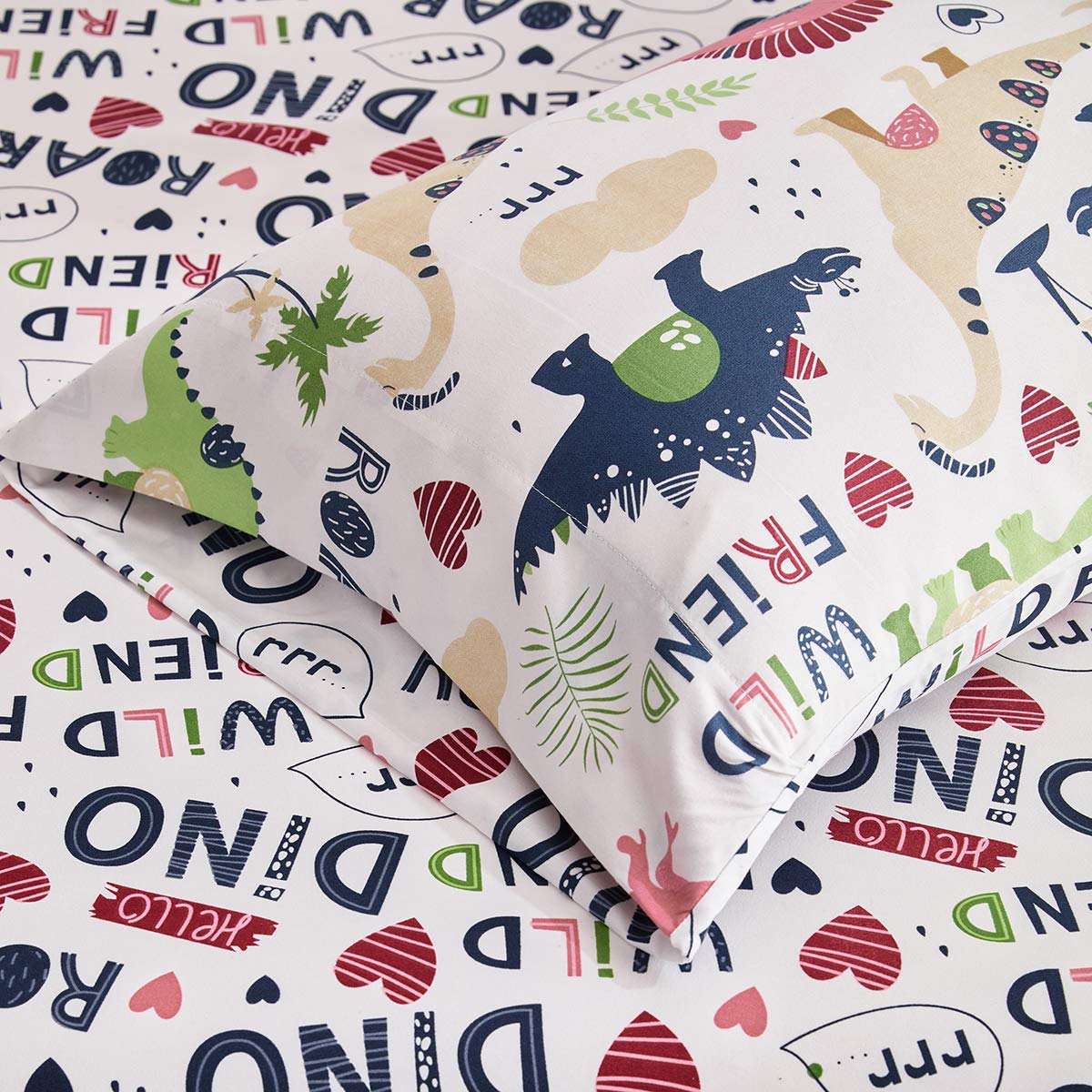 Dinosaur Twin Sheet Set for Kids Boys Teens Cute 3 Pieces White Microfiber Bedding Set with Green Red Yellow Blue Dinosaur Colorful Monster Style