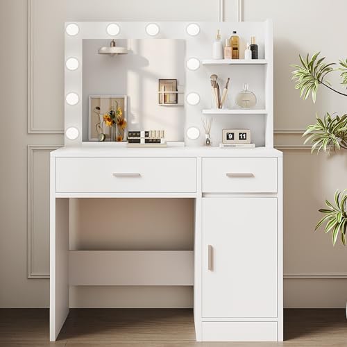 LIVELYGLOW Vanity Desk with Mirror and Lights, Makeup Vanity with Drawer & Storage Shelves, Cabinet, 3 Lighting Modes Adjustable Brightness, Bedroom Dressing Table, White