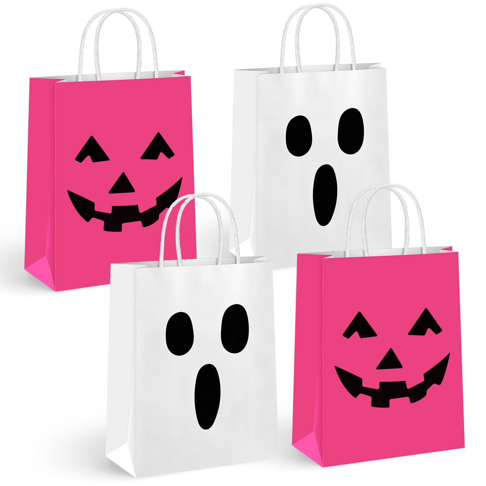 JarThenaAMCS 24Pcs Halloween Paper Gift Bags Pink White Ghost Pumpkin Party Favor Bags with Handle Goodie Candy Treat Bags for Halloween Party Decor Supplies