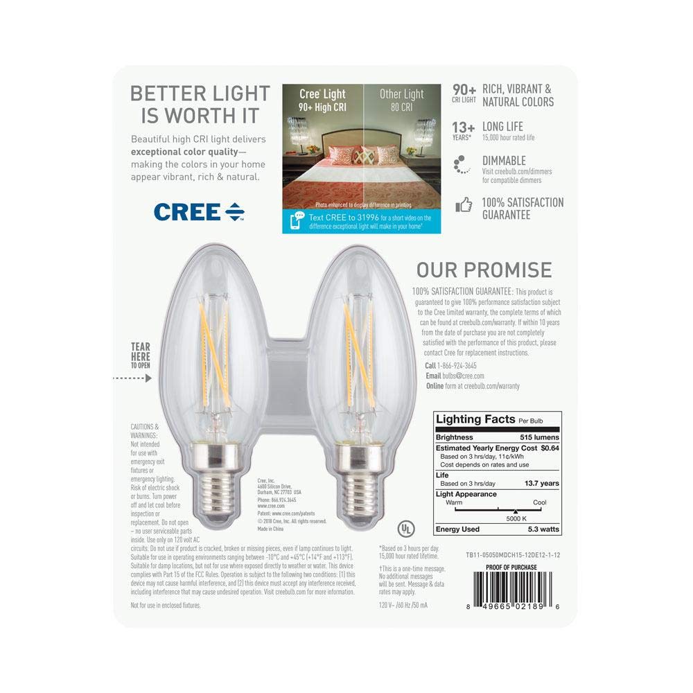 Cree 60W Equivalent Daylight (5000K) B11 Candelabra Exceptional Light Quality Dimmable E12 LED Light Bulb (2-Pack)