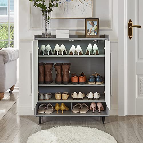 OLD CAPTAIN Shoe Cabinet, 5-Tier Modern Entryway Organizer Cabinet with Door,Deodorisation and Automatic Lighting (White)