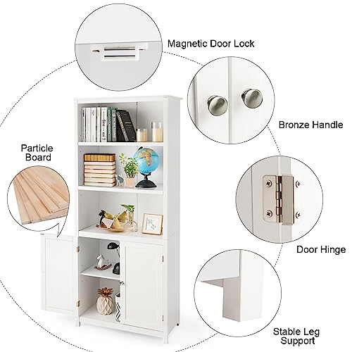 SILKYDRY Bookshelf with Storage Cabinet, 3-Tier Open Shelf, Standing Tall Bookcase with Double Doors, Anti-Tipping Device & Adjustable Shelves, Versatile Book Shelf for Home Office (White)