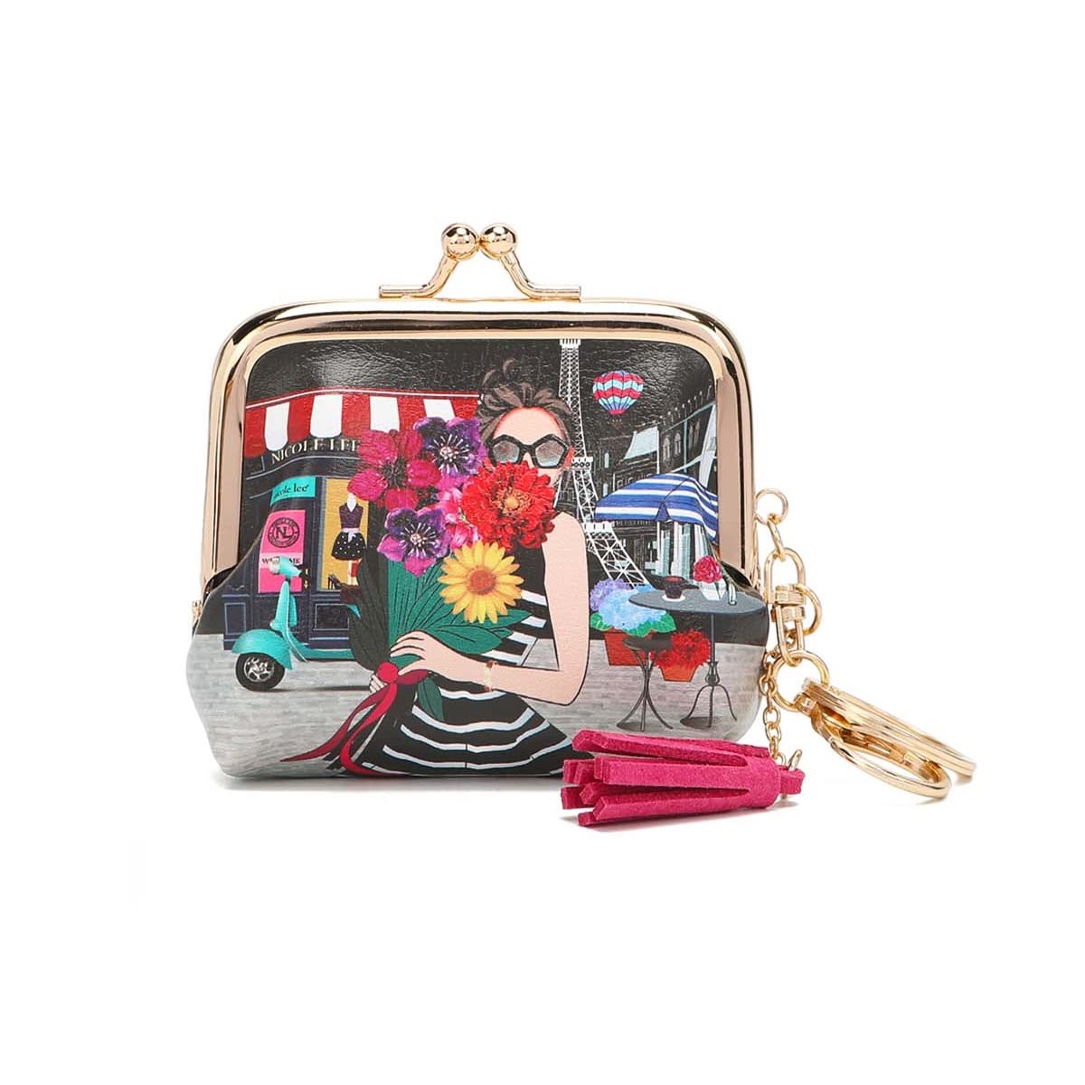 DESTINY BY NICOLE LEE Mini Leather Coin Purse Keychain Kiss Lock Closure with Tassel Charm Change Purse Mini Pouch Bag For Women