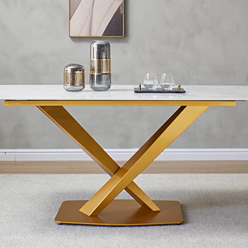 Montary 7-Piece Dining Table Set - 63" Faux Marble Table Top & X-Shaped Solid Gold Carbon Stell Legs, 1 Dining Table with 6 Dining Chairs, Morden Rectangular Dining Set for Kitchen, Resterant