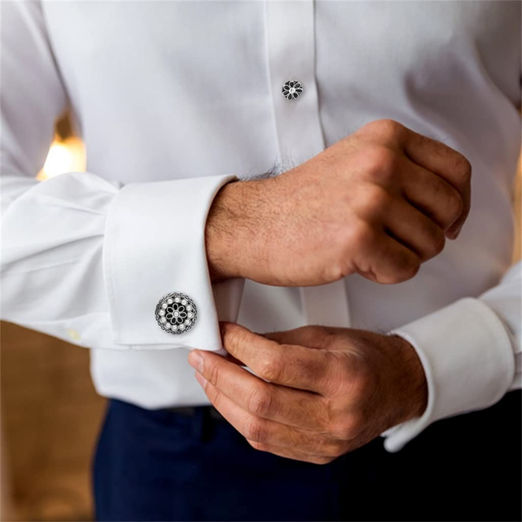 Flower Cufflink and Studs for Men Round Black Enamel&Pearl Cuff Links Set Tuxedo Shirt Studs with (Color : A, Size : Same Size) (A Same Size)