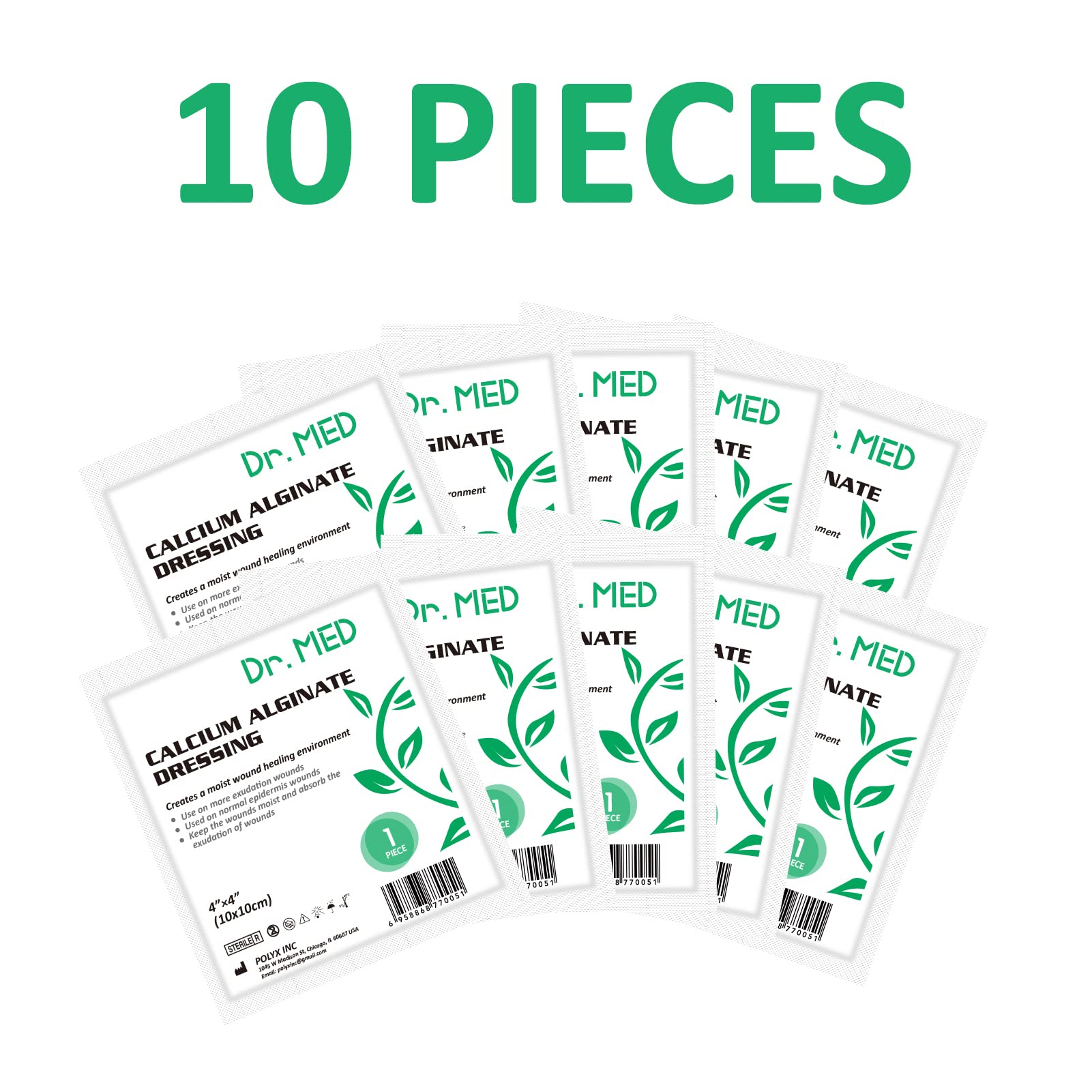 Dr. Med Calcium Alginate Wound Dressing 4"x4", 10 Individual Pack High Absorption Dressing Gauze, Non-Stick Pads, Soft and Comfortable Patch for Wound Care, Faster Healing