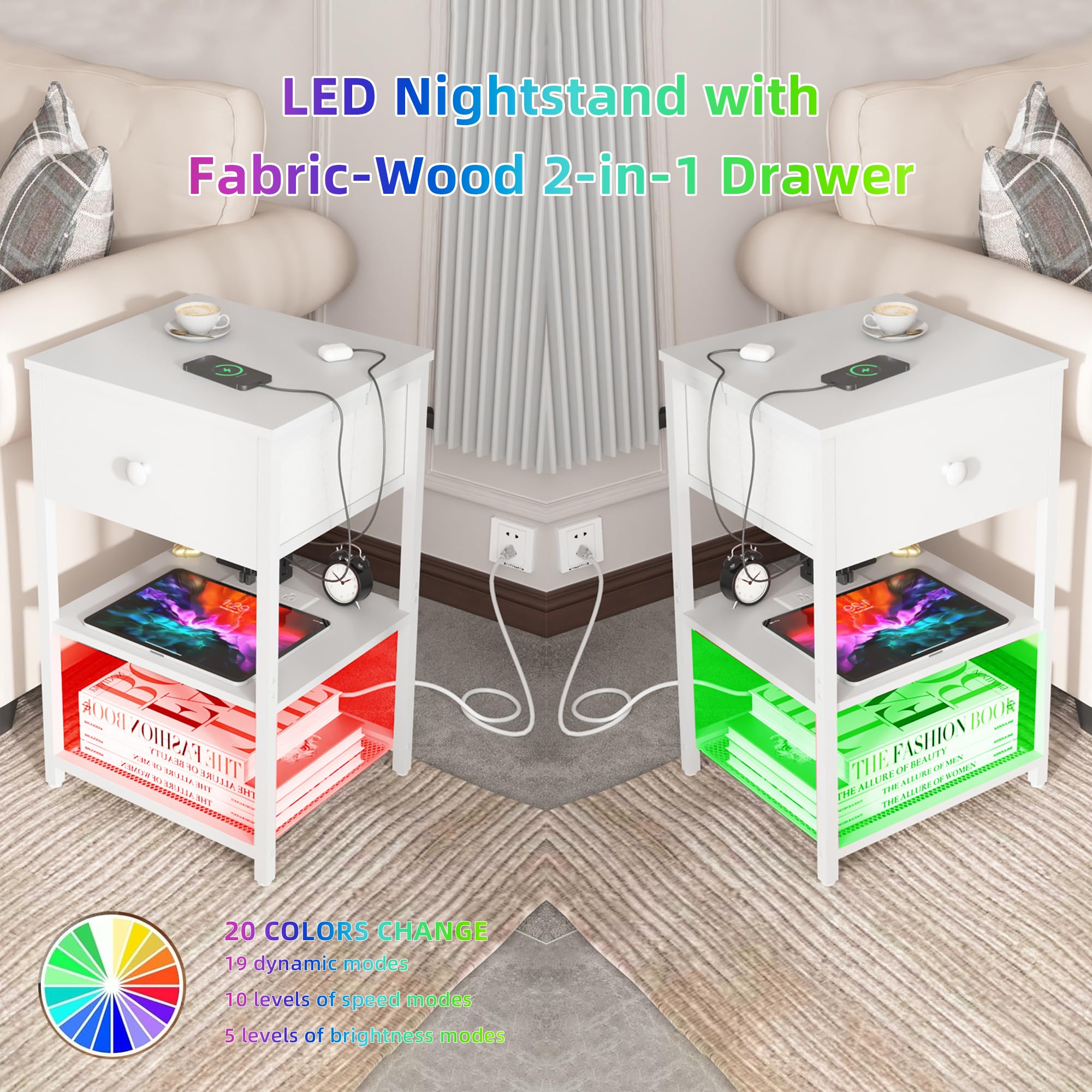 LTTDOUK LED Nightstands Set of 2 with Charging Station, Bedside Tables with USB Ports and Outlets, End Table with Fabric-Wood 2-in-1 Drawer, White Side Table for Bedroom, Living Room