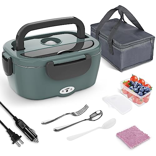 Monteka Electric Lunch Box Food Heater - Leakproof Portable Food Warmer heated lunch box for adults for Car/Home/Truck with 1.5L Removable Stainless Steel Container, 80W, 12V/24V/110V, Green