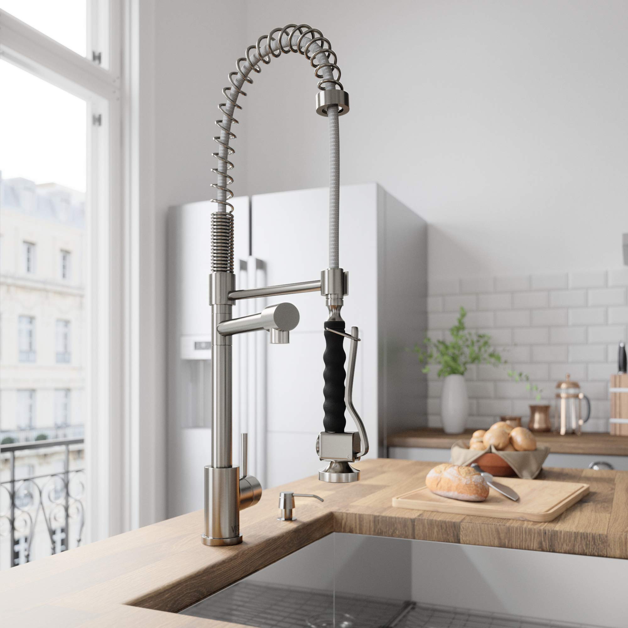 VIGO VG02007STK2 27" H Zurich Single-Handle with Pull-Down Sprayer Kitchen Faucet with Soap Dispenser in Stainless Steel