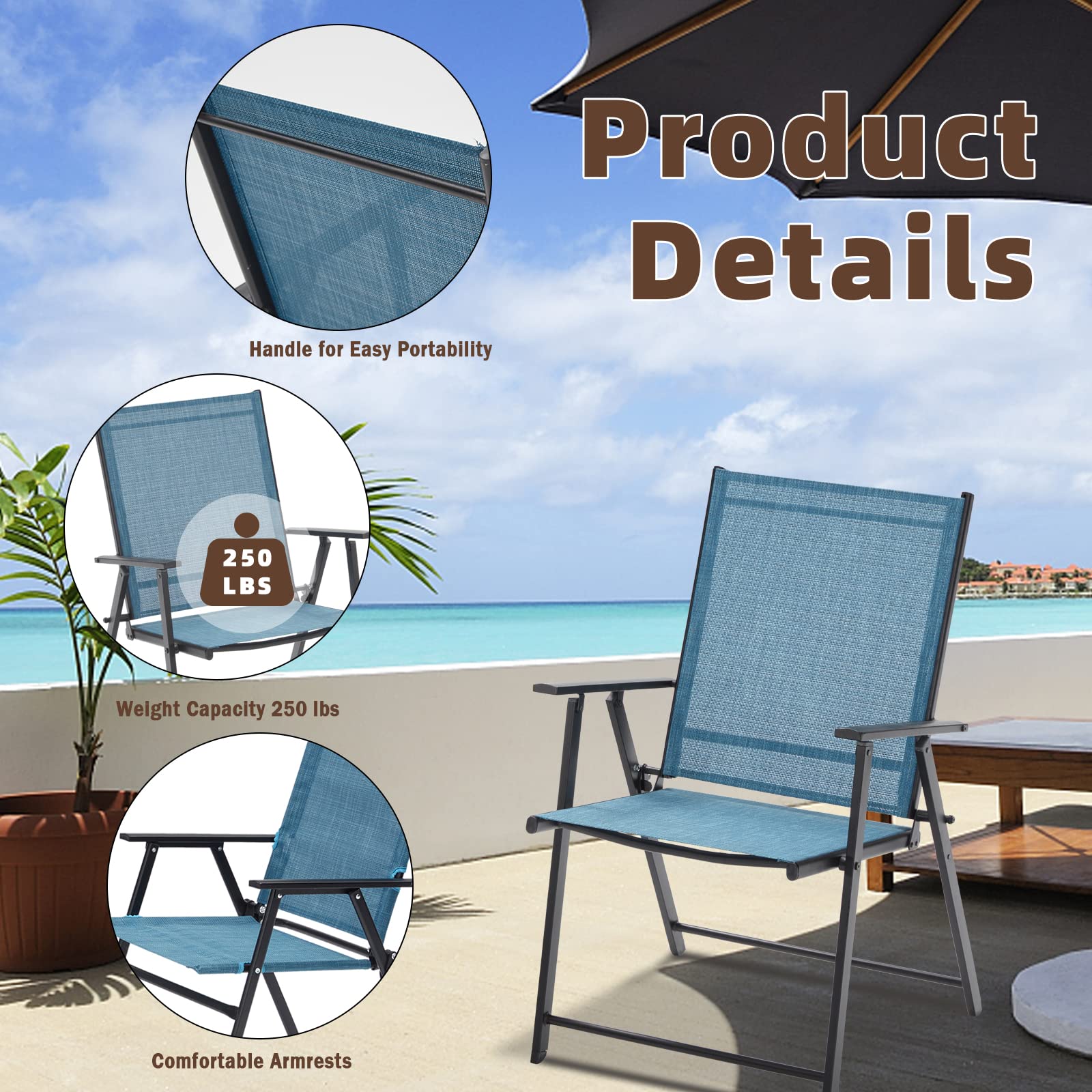 VICLLAX Outdoor Folding Patio Chairs with Arms, Portable Patio Dining Chairs Sling Back Chairs for Garden, Set of 2