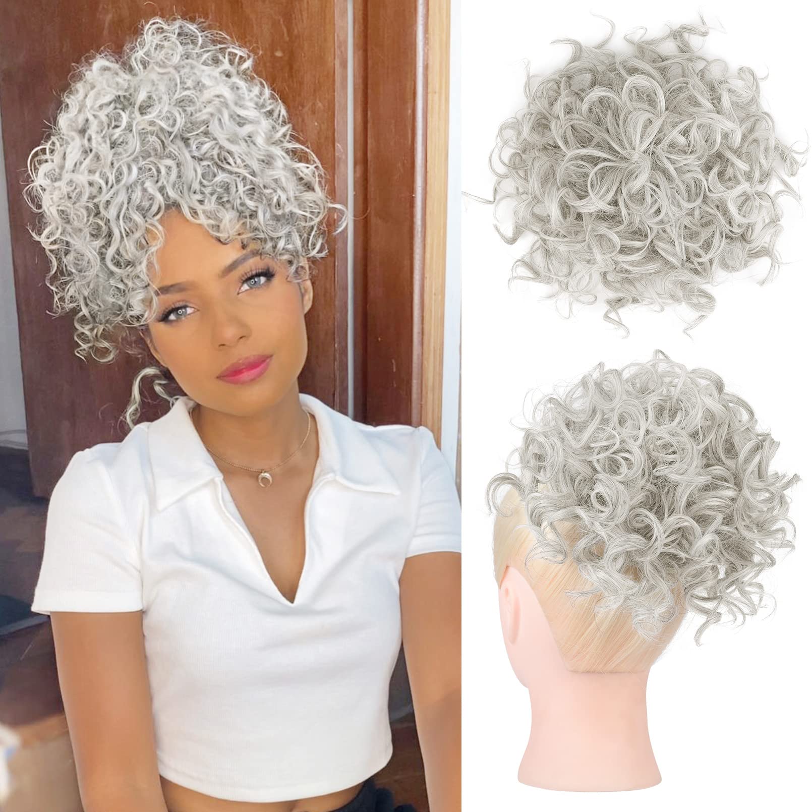 HOOJIH 1PCS Messy Hair Bun Piece Elastic Drawstring Loose Wave Large Curly Bun 60 Gram Short Synthetic Ponytail Hair Bun Extension for Women Daily Use - Silver Gray With Brown mixed