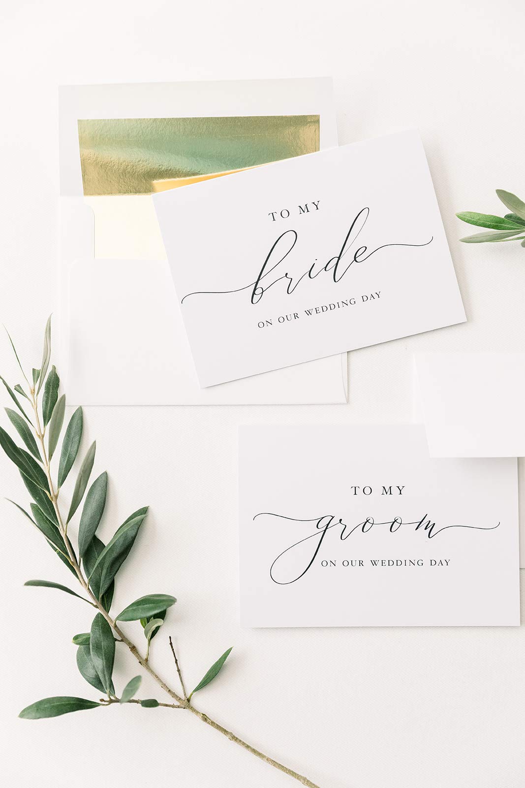 To My Bride To My Groom On Our Wedding Day Card 4x5.5 Folded White Card with Black Caligraphy with Gold Foil Lined Envelopes 2 Card Set Vow Cards Elegant Minimalist Style Wedding Cards